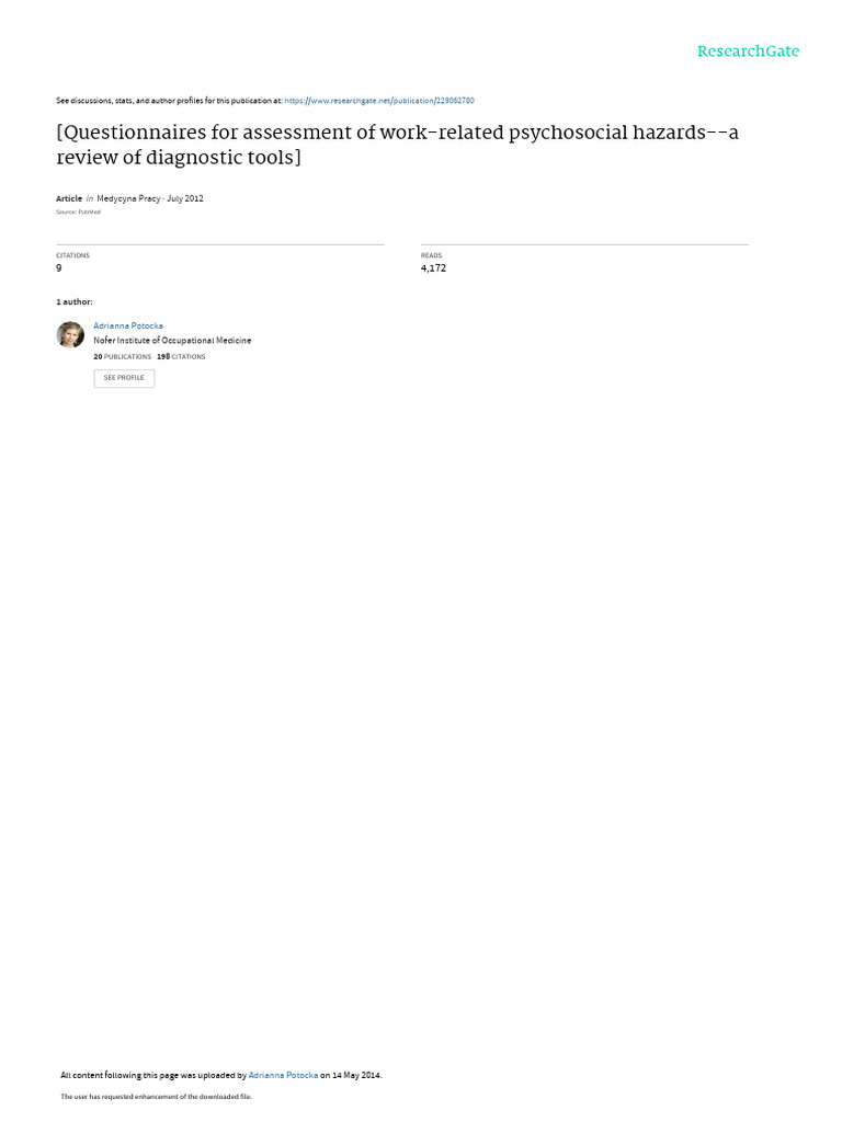 Questionnaires For Assessment of Work-Related Psychosocial Hazards-A ...