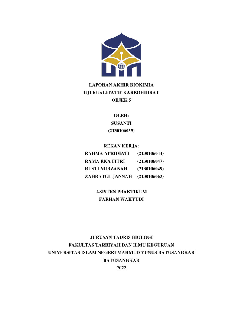 Laporan Akhir Biokimia Uji Kualitatif Karbohidrat Fixxx | PDF Laporan Akhir Biokimia Uji Kualitatif Karbohidrat Fixxx | PDF