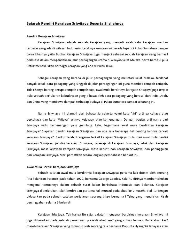 Sejarah Pendiri Kerajaan Sriwijaya Beserta Silsilahnya | PDF