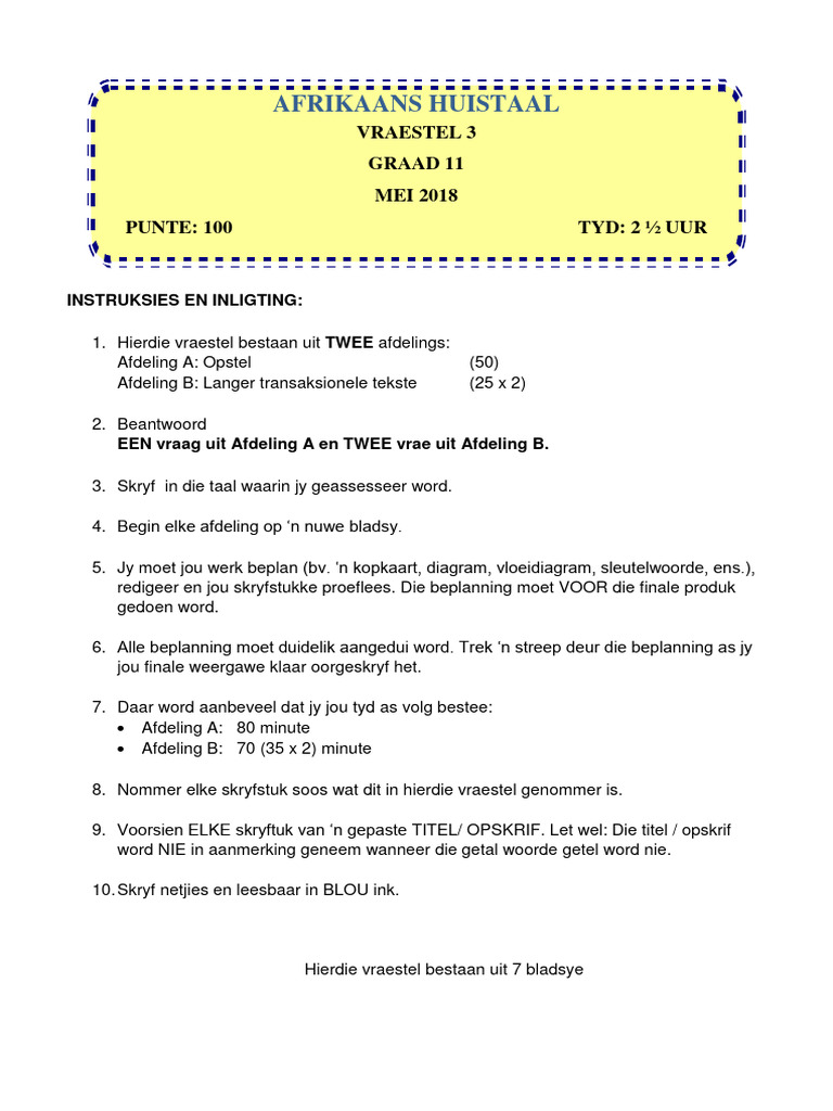 Graad 11 Afrikaans Huistaal Vraestel 3 Junie 2018 | PDF