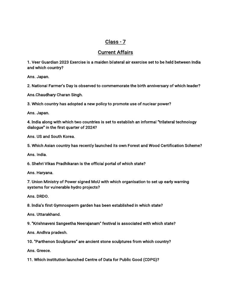 Class 7 - G.K Current Affairs | PDF