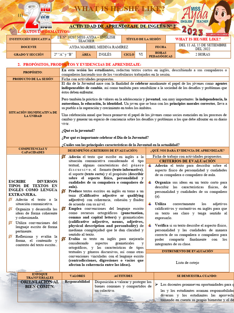 Sesión2 - What Is He-She Like - Unid6 - 2do | PDF | Evaluación | Maestros