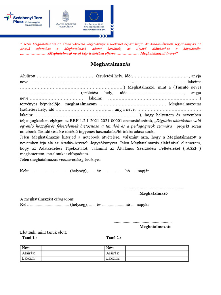 Szülői meghatalmazas-RRF-atadas-atvetelhez | PDF