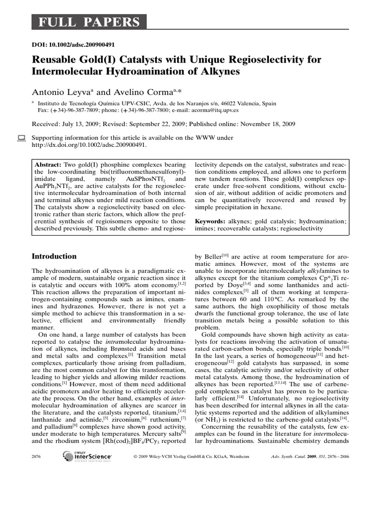 Gold(I) Catalysts for Hydroamination Regioselectivity | PDF | Amine ...