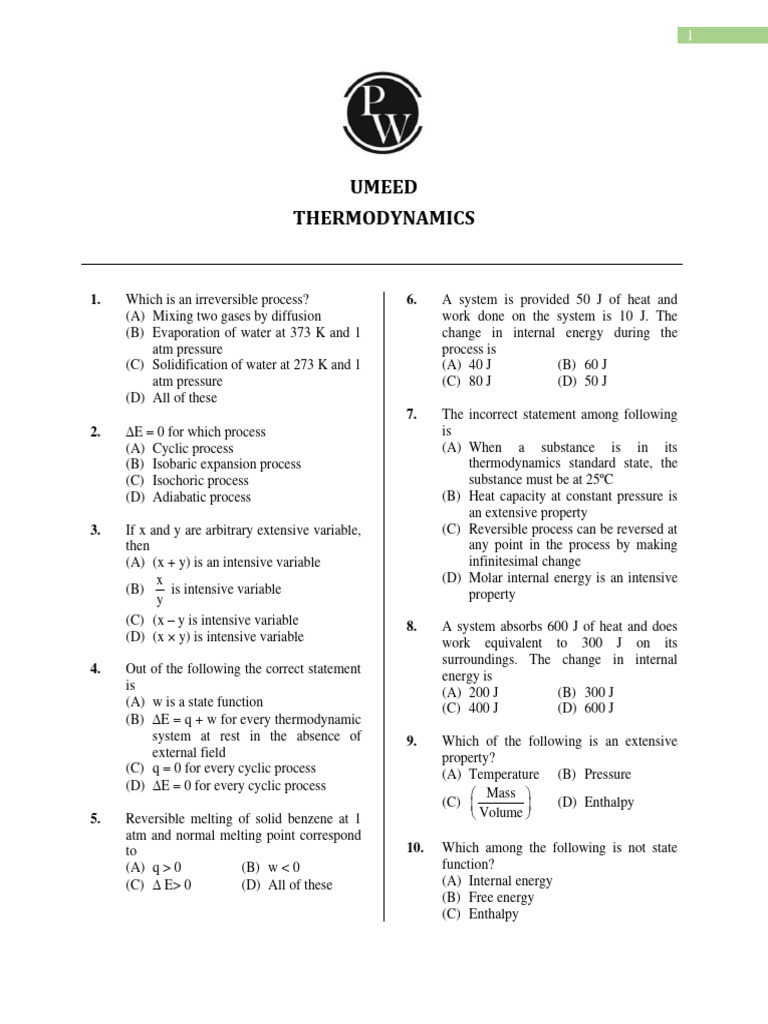 Thermodynamics - Practice Sheet | PDF | Enthalpy | Heat