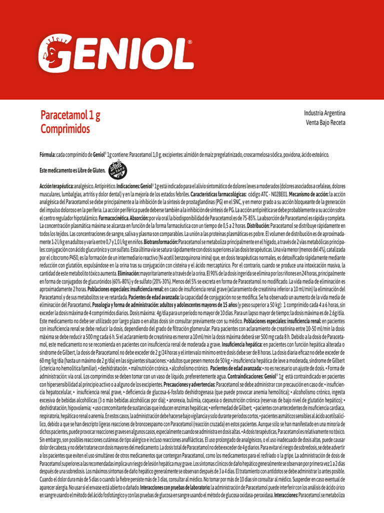 Prospecto Geniol 1G | PDF | Medicamentos con receta | Medicina CLINICA