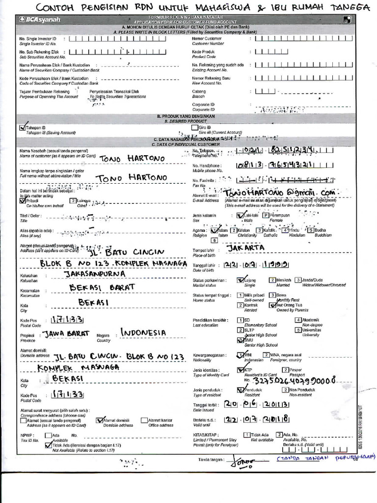 Bca Syariah - Sample RDN Form | PDF