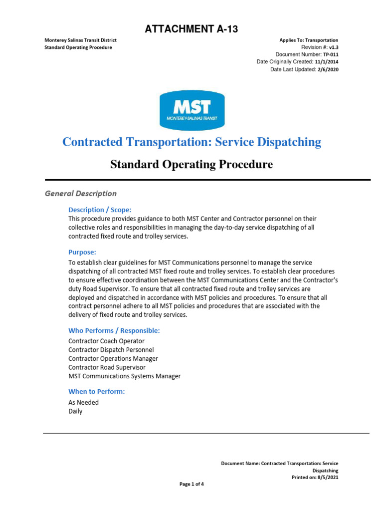 Attachment A 13 Service Dispatching Standard Operating Procedure | PDF