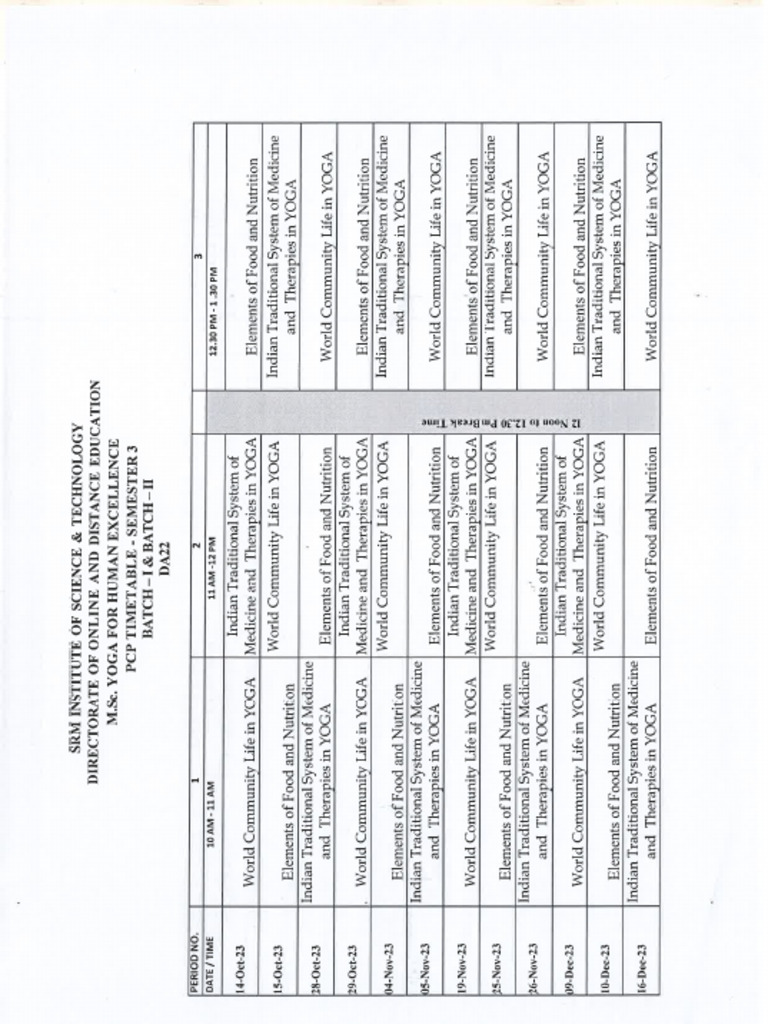 PCP Class M.SC Yoga 3rd Sem Time Table - DA22 | PDF