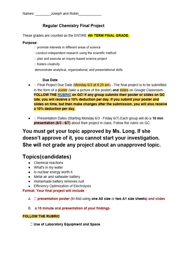 Student Chemistry Project Guide | PDF | Chemistry | Laboratories