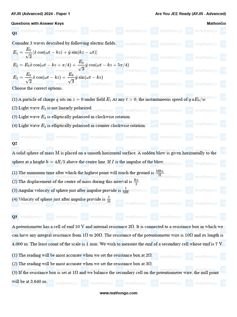 AYJR 2024 (Advanced) - Paper 1 - Provisional Answer Keys | PDF | Fluid ...