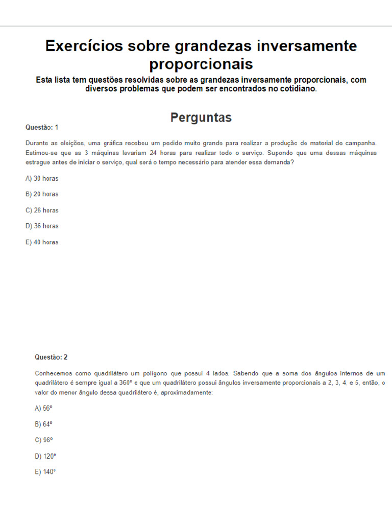 Exercícios Sobre Grandezas Inversamente Proporcionais | PDF