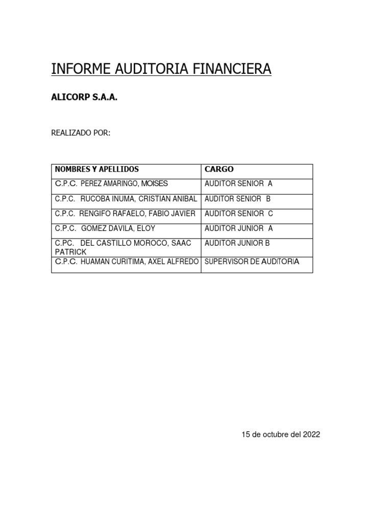 Informe Auditoria Alicorp - Auditoria Financiera | PDF | Contabilidad | Auditoría