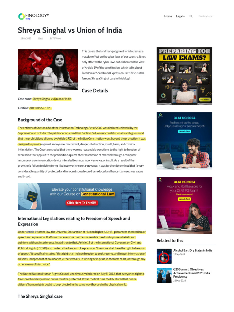 Shreya Singhal Case: Impact on Cyber Laws | PDF | Freedom Of Speech | Constitution