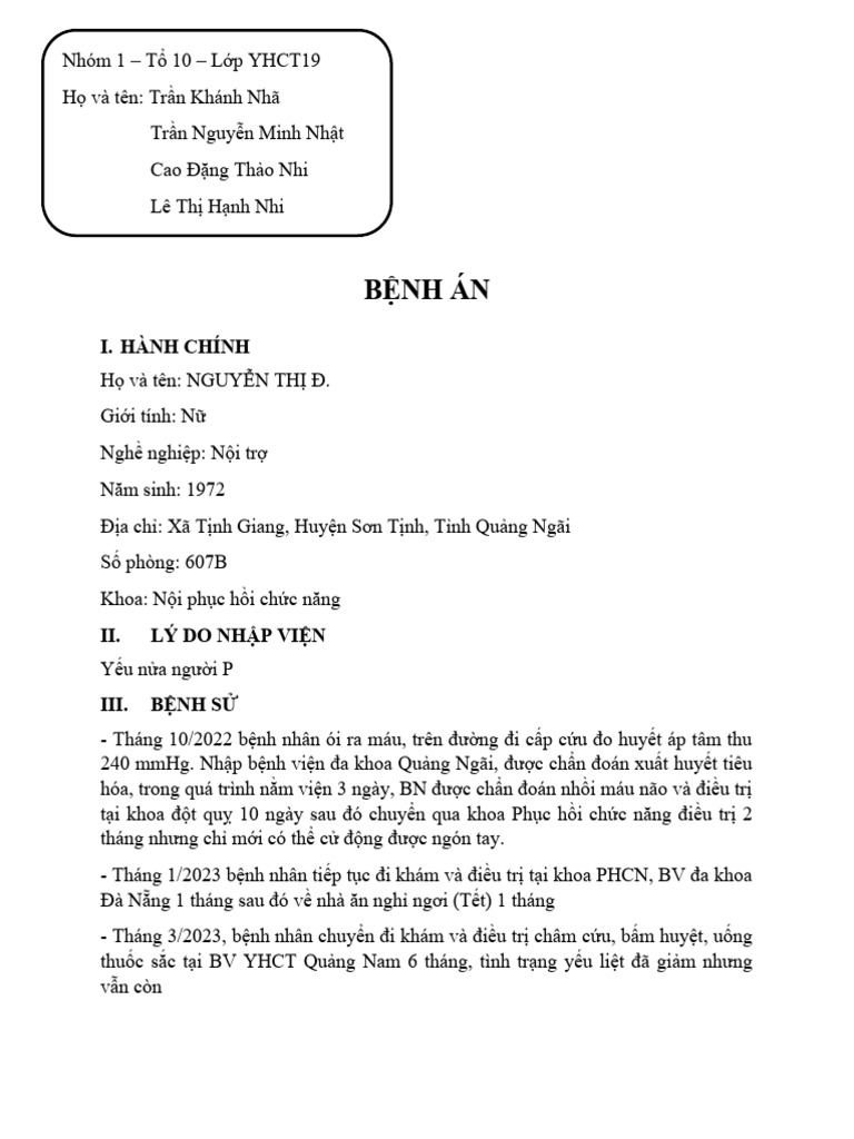 BỆNH ÁN PHCN | PDF