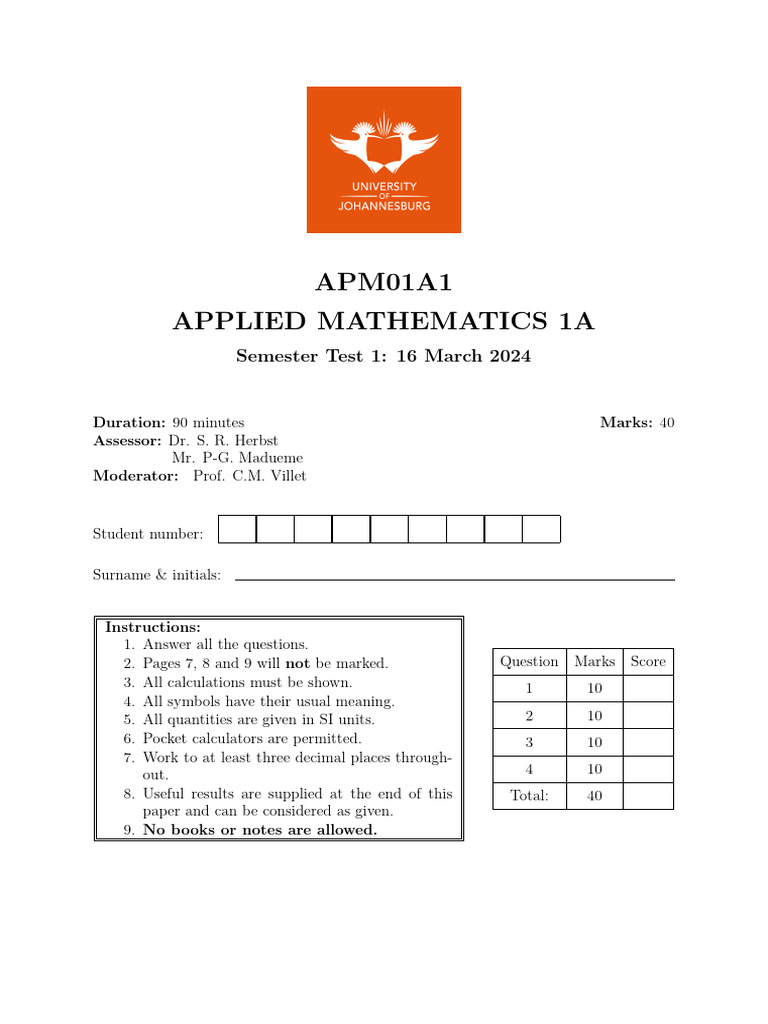 Apm01a1 - Semester - Test - 1 - 2024 Memo | PDF | Euclidean Vector ...