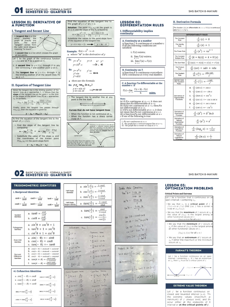 Bascal Formula Sheet Sem02q4 1 Pdf Derivative Integral