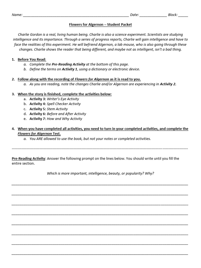 Flowers for Algernon Study Guide Activities | PDF | Intelligence | Feeling