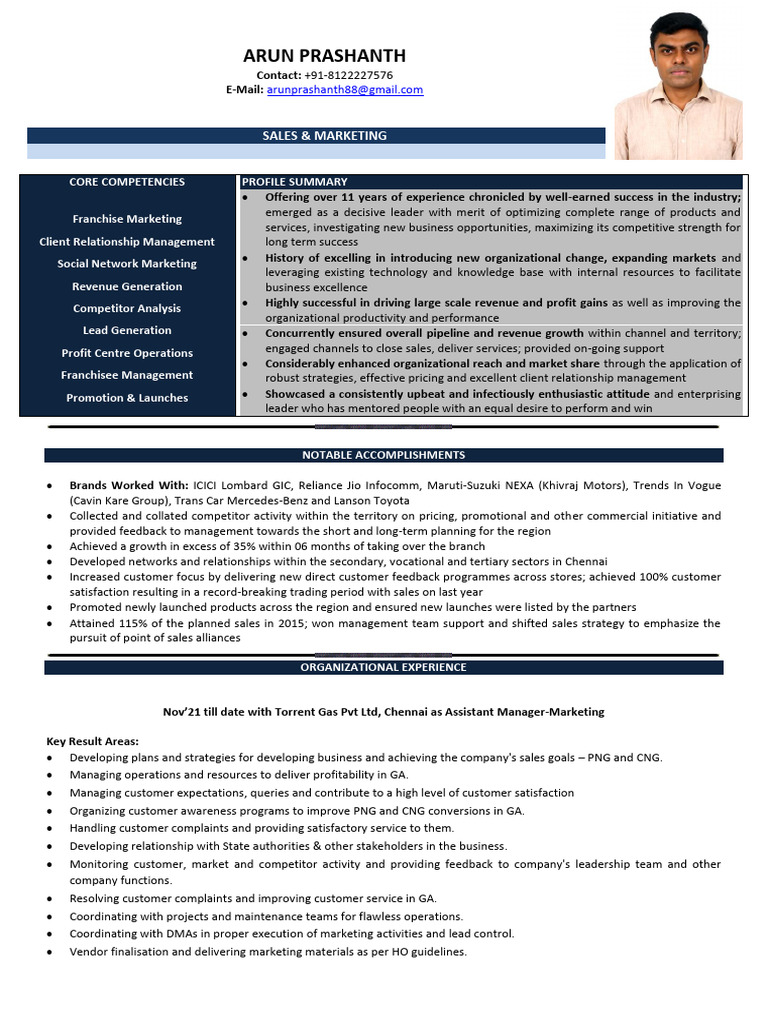 Arun Prashanth - Resume | PDF | Marketing | Sales
