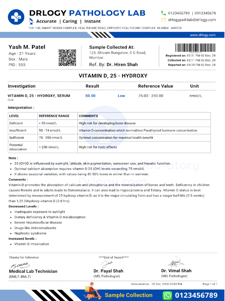 VITAMIN D Test Report Format Example Sample Template Drlogy Lab Report ...