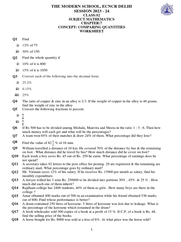 S2 MATHS CHAPTER Comparingquantities Worksheet202324 | PDF | Percentage ...
