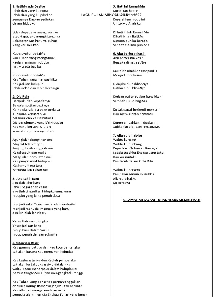 Lagu Pujian Minggu 31 Juli 2022 | PDF