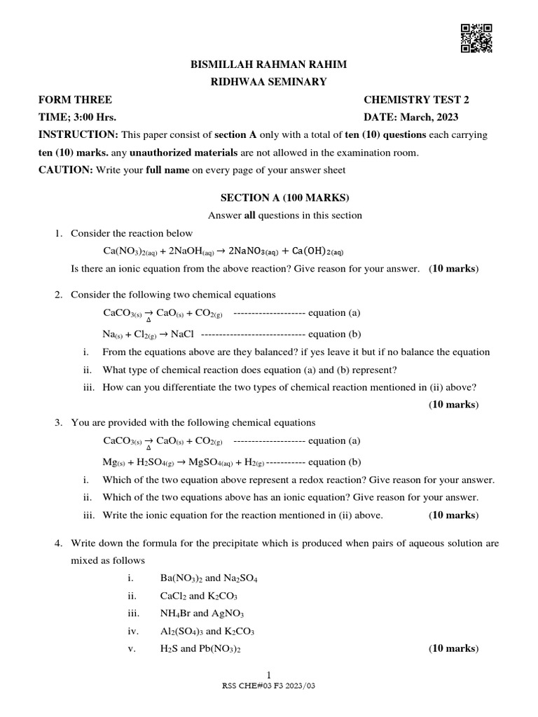 Chemistry Form Three Test 2 | PDF | Chemical Reactions | Precipitation ...