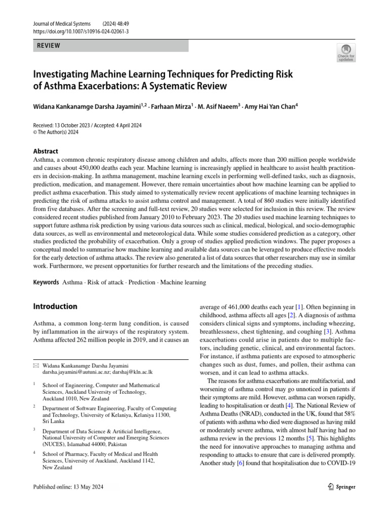 Investigating Machine Learning Techniques For Predicting Risk of Asthma Exacerbations: A ...