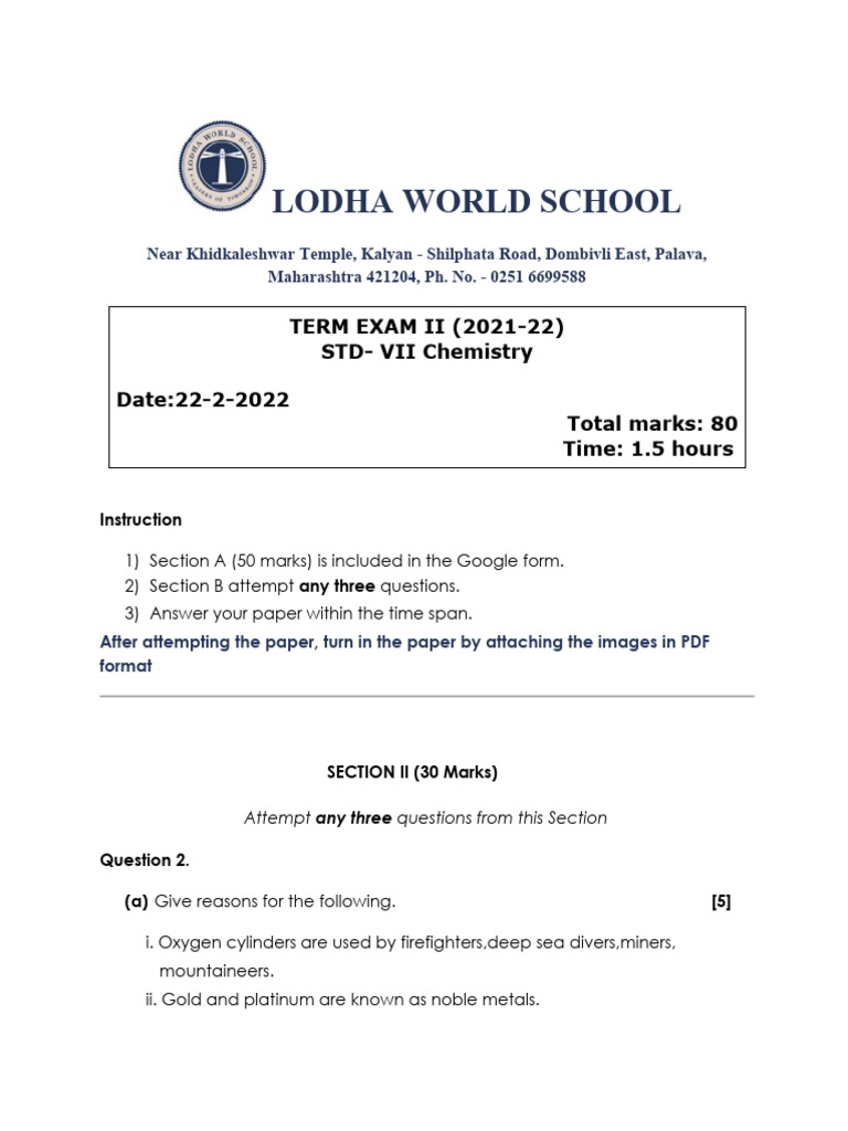 Chemistry - Term II Question Paper | PDF | Chemical Elements | Chemical ...
