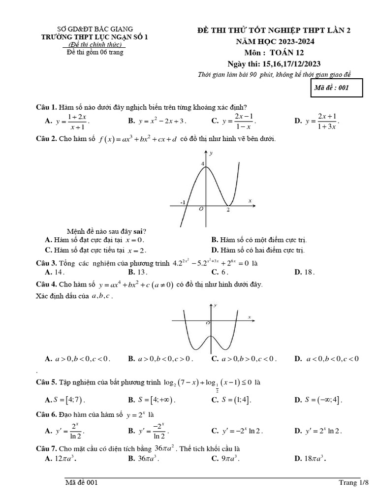 De Thi Thu Toan TN THPT 2024 Lan 2 Truong THPT Luc Ngan 1 Bac Giang | PDF