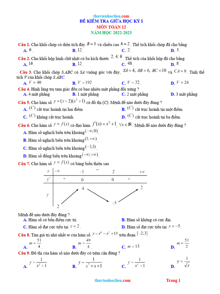 Thuvienhoclieu.com de Thi Giua HK1 Toan 12 Nam 2023 Co Dap An | PDF