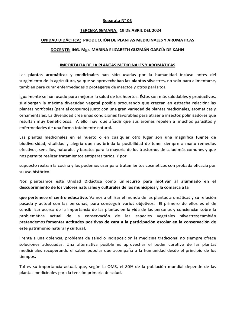 Separata #03 de Producción de Plantas Medicinales y Aromáticas 2024 | PDF | Plantas medicinales ...
