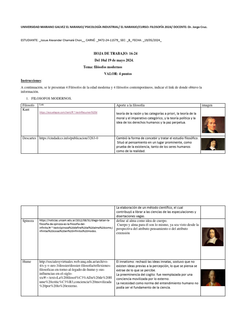 Hoja de Trabajo 16-24. Filosofía. Filosofos Modernos | PDF | Immanuel ...
