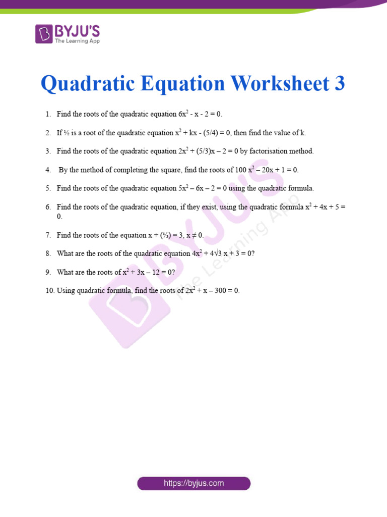 Quadratic Equation Worksheet 3 PDF | PDF | Home & Garden | Science ...