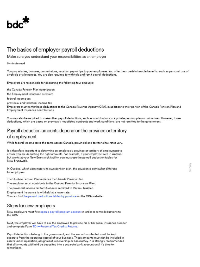 Payroll Deductions-The Basics For An Employer - BDC - Ca | PDF ...