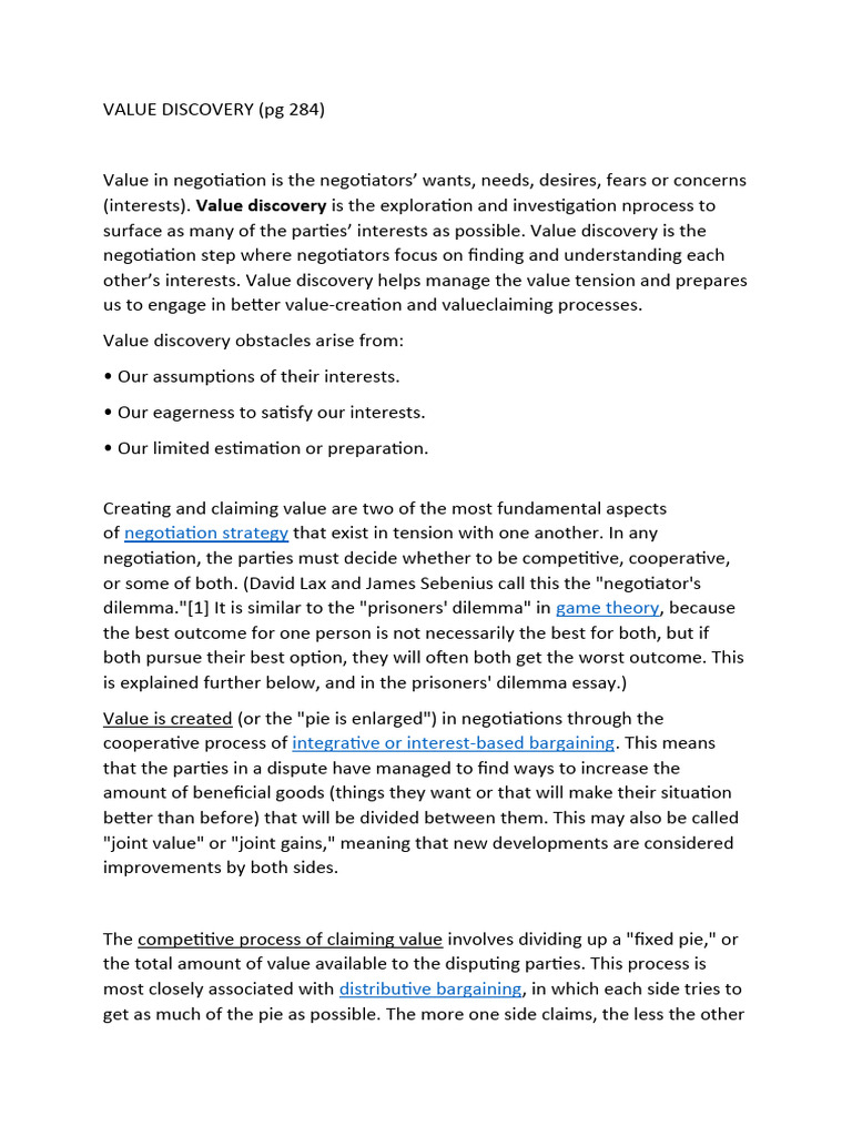 VALUE DISCOVERY | PDF | Negotiation | Bargaining