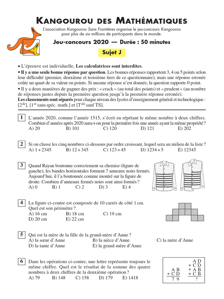 Concours Kangourou 2020 : Épreuves et Questions | PDF | Géométrie