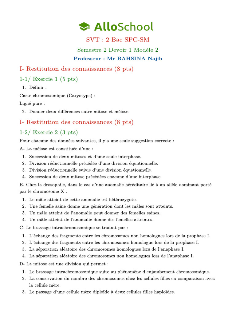 SVT 2bac SPC SM Semestre 2 Devoir 1 Modele 2 2 | PDF