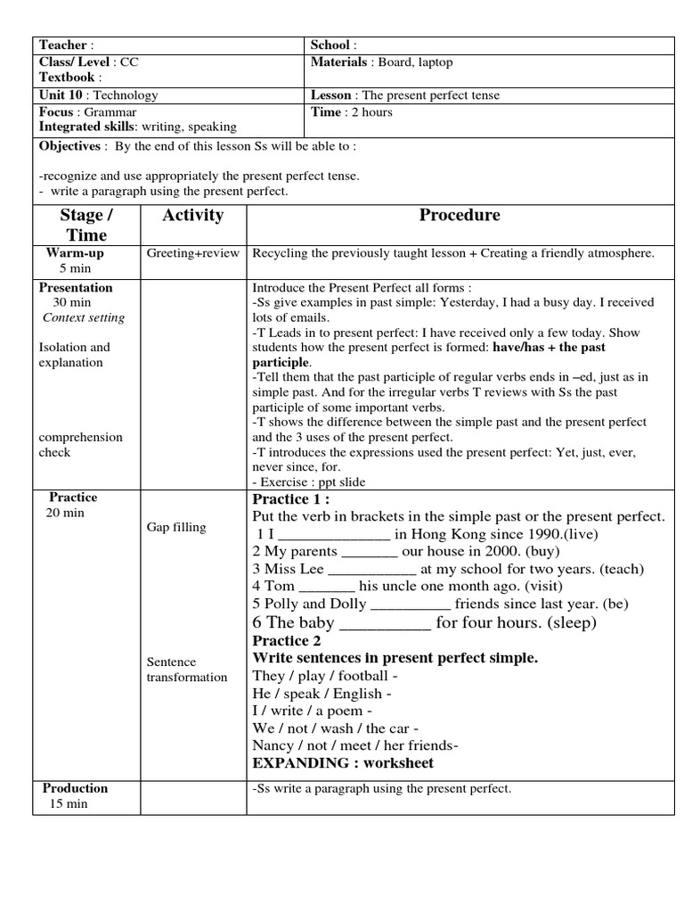 Lesson Plan - Grammar Present Perfect | PDF | Perfect (Grammar ...