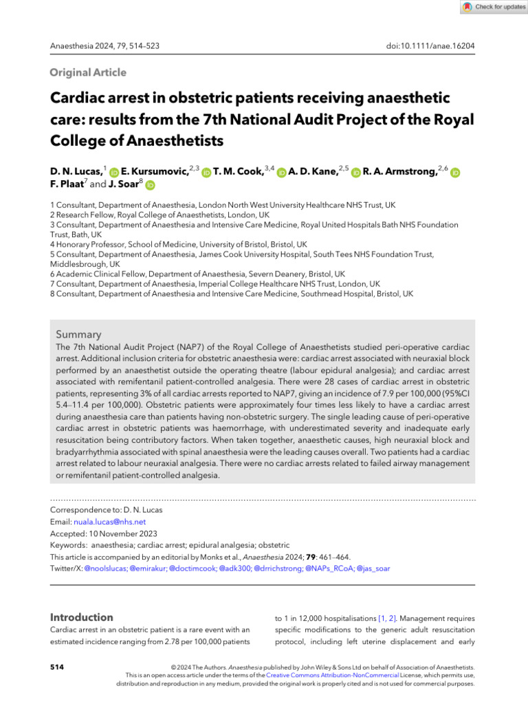 Anaesthesia - 2024 - Lucas - Cardiac arrest in obstetric patients ...