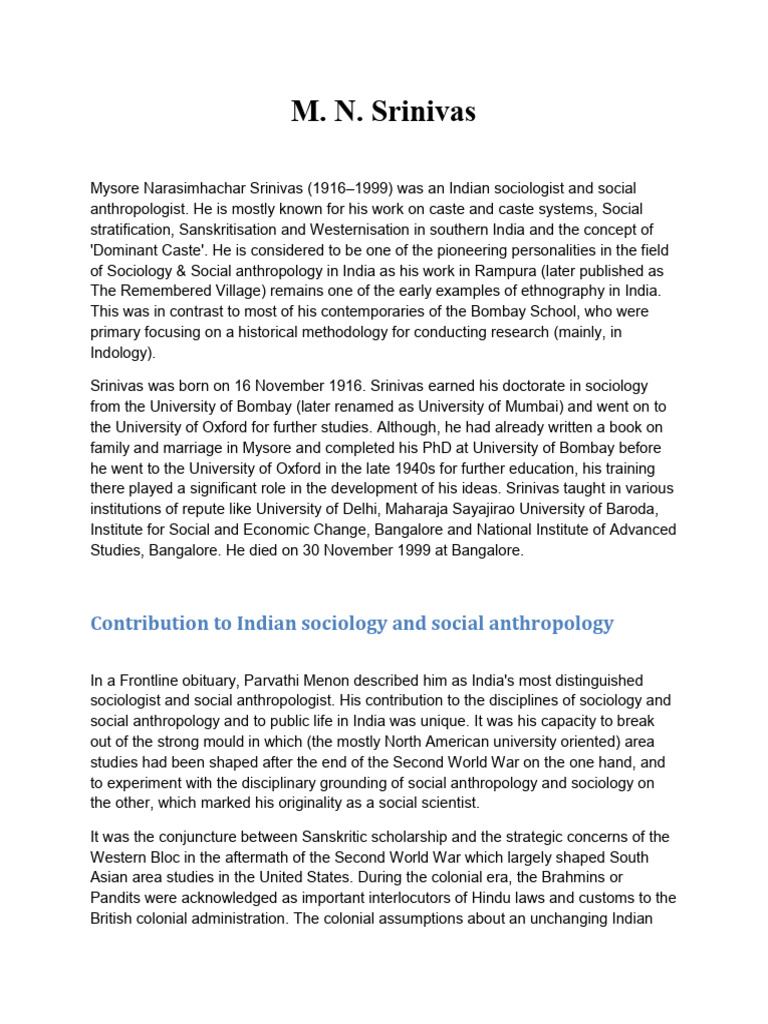 MN Srinivas | PDF | Liberal Arts Education