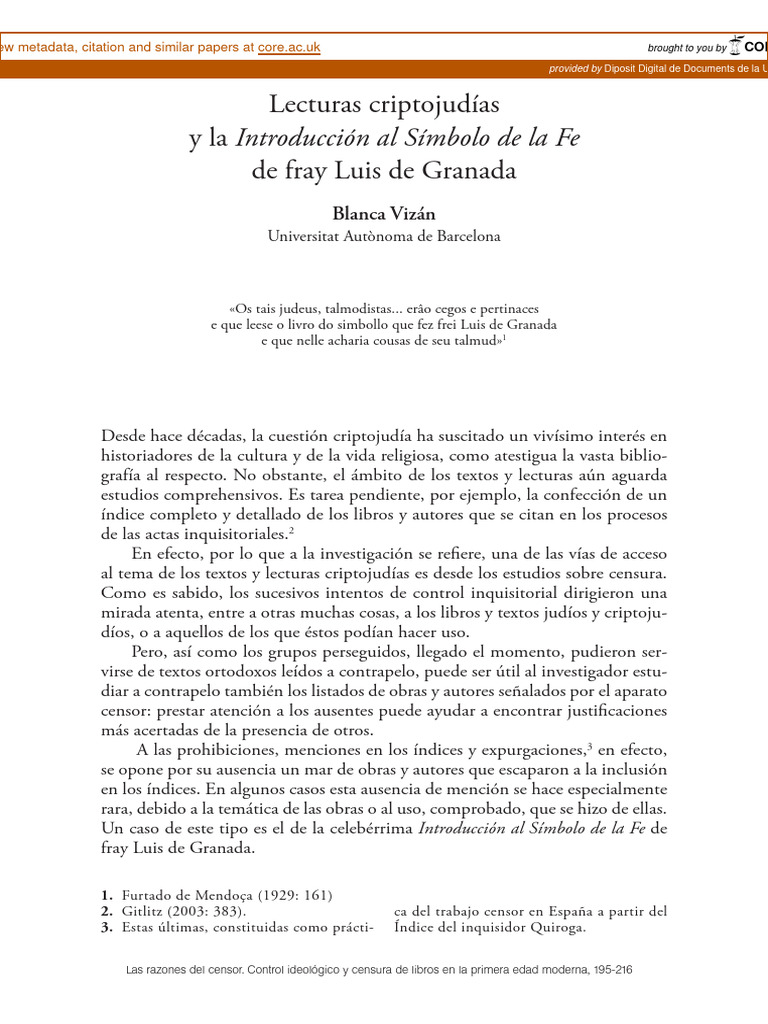 Lecturas Criptojudías y La Introducción Al Símbolo de La Fe de Fray ...