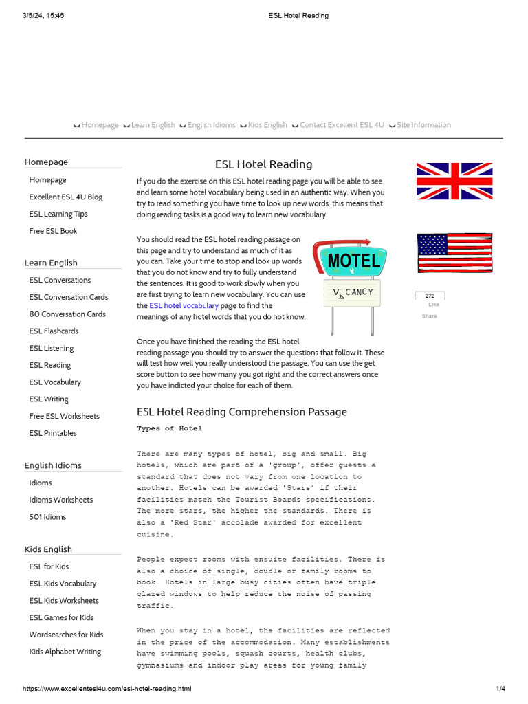 ESL Hotel Reading | PDF | Vocabulary | English As A Second Or Foreign ...