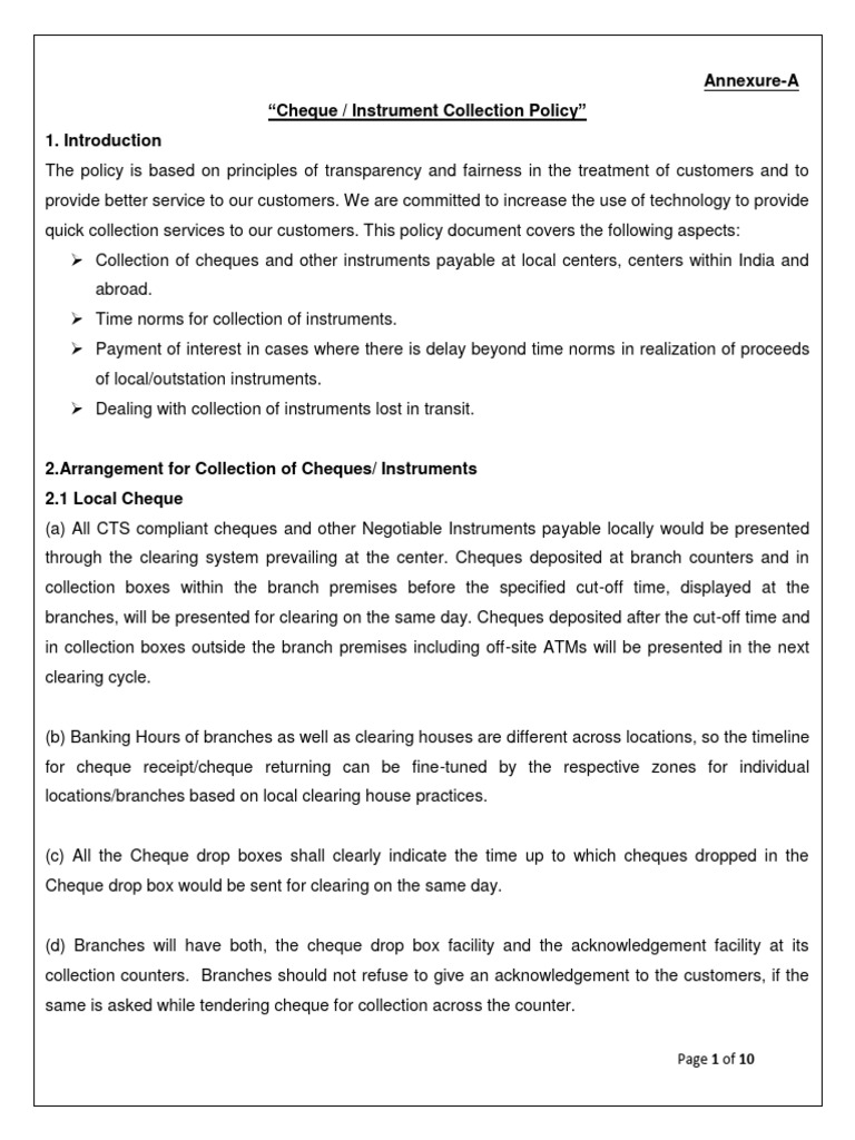 Cheque Intrument Collection Policy 07112020 | PDF | Cheque | Banks