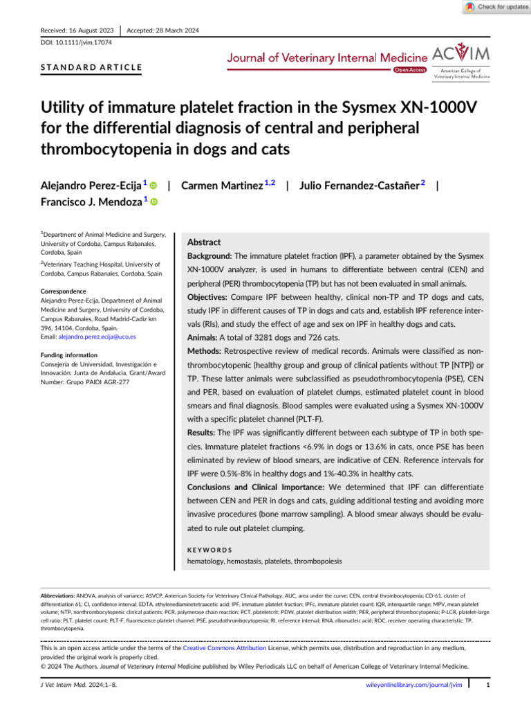 Veterinary Internal Medicne - 2024 - Perez Ecija - Utility of Immature ...