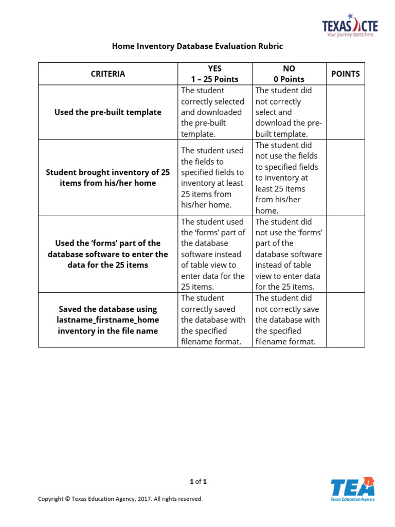 Home Inventory Database Evaluation Rubric - 0 | PDF | Databases | Filename