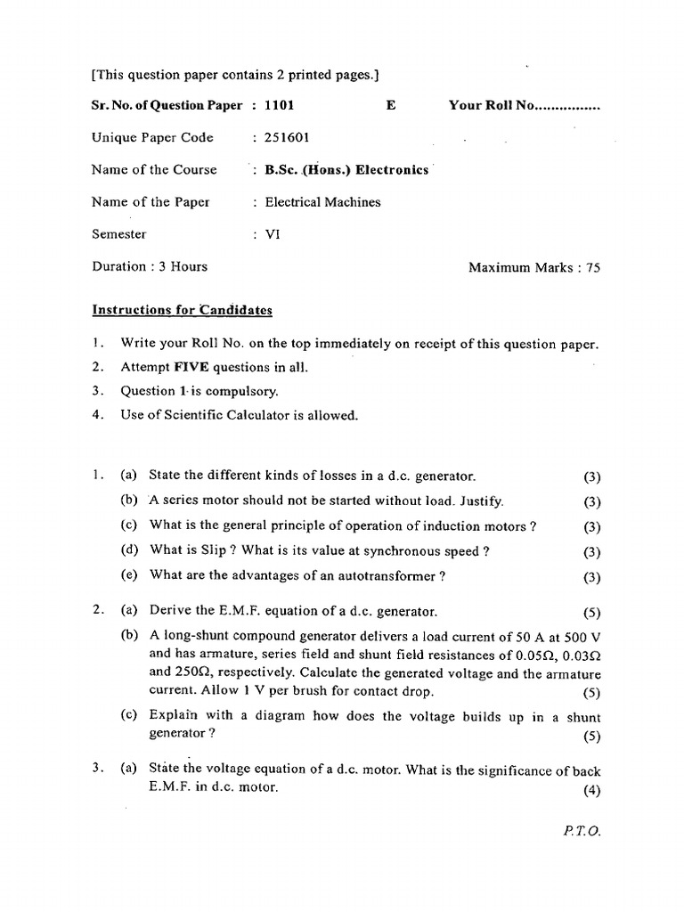 Practice Paper 1 - Electrical Machines PYQ Paper For Sem VI Uploaded by Navdeep Raghav (DU ...