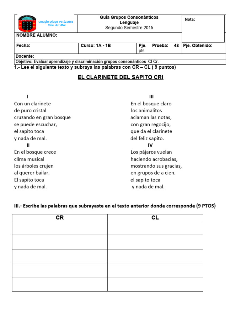 Evaluación Grupos Consonánticos CL y CR | PDF