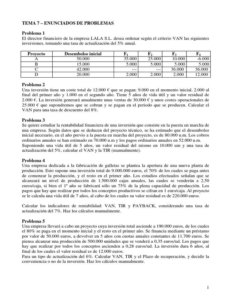 Tema 7 Enunciados de Problemas | Descargar gratis PDF | Business | Inversiones