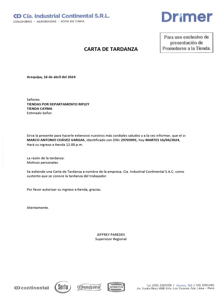 Modelo - Carta Tardanza Marco | PDF